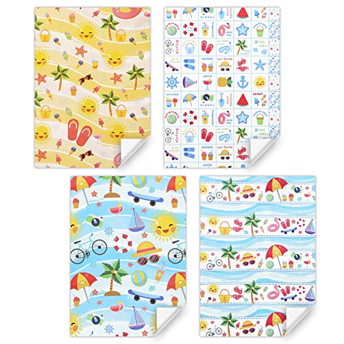 Beach Themed Gift Wrapping Paper,Summer Birthday Kraft Wrapping Paper 4 Sheet Hawaiian Sun Shell Coconut Ice Cream Gift Wrap Art Paper for Boys Girl Baby Shower Summer Luau Beach Party,28 x 20 Inch