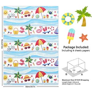 Beach Themed Gift Wrapping Paper,Summer Birthday Kraft Wrapping Paper 4 Sheet Hawaiian Sun Shell Coconut Ice Cream Gift Wrap Art Paper for Boys Girl Baby Shower Summer Luau Beach Party,28 x 20 Inch