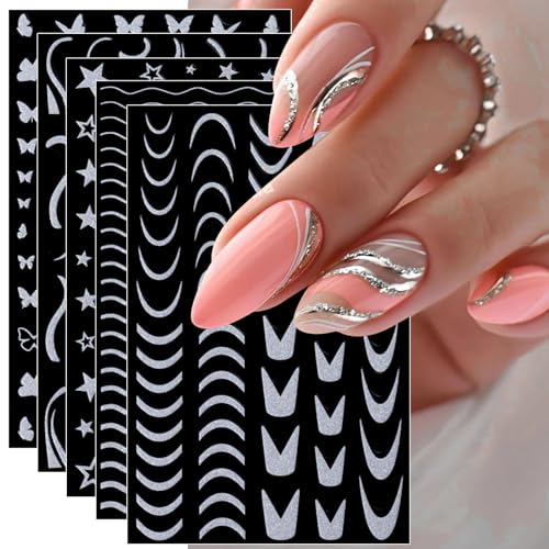 JMEOWIO 8 Sheets French Tip Nail Art Stickers Decals Self-Adhesive Pegatinas Uñas White Line Nail Supplies Nail Art Design Decoration Accessories