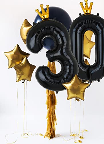 30 Balloon Number 40 Inch Black Number 30 Balloons Mylar Foil Helium Crown Number balloons Black Themed Graduation Anniversary Children's Day Party 30th Birthday Decor Supplies