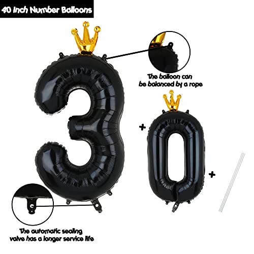 30 Balloon Number 40 Inch Black Number 30 Balloons Mylar Foil Helium Crown Number balloons Black Themed Graduation Anniversary Children's Day Party 30th Birthday Decor Supplies