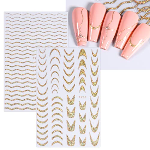 JMEOWIO 8 Sheets French Tip Nail Art Stickers Decals Self-Adhesive Pegatinas Uñas Gold Line Nail Supplies Nail Art Design Decoration Accessories