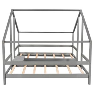 HAUSHECK Double Twin Beds for Kids, Twin Size House Bed with Storage Drawers, Wooden Double Twin Platform Beds for Boys & Girls, Kids Bed with Guardrails & Roof, No Spring Box Needed, Space Saving