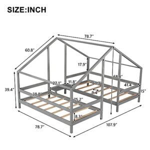 HAUSHECK Double Twin Beds for Kids, Twin Size House Bed with Storage Drawers, Wooden Double Twin Platform Beds for Boys & Girls, Kids Bed with Guardrails & Roof, No Spring Box Needed, Space Saving