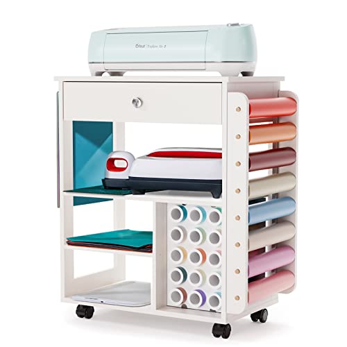 Crafit Organization and Storage Cart Compatible with Cricut Machine, Rolling Craft Storage Organizer with Vinyl Roll Holder, Crafting Cabinet Table Workstation for Craft Room Home - Patent Protected