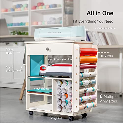 Crafit Organization and Storage Cart Compatible with Cricut Machine, Rolling Craft Storage Organizer with Vinyl Roll Holder, Crafting Cabinet Table Workstation for Craft Room Home - Patent Protected