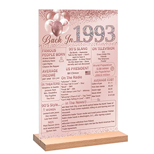 Vlipoeasn Pink 30th Birthday Anniversary Table Decoration 1993 Poster for Women, Rose Gold Back in 1993 Acrylic Table Sign with Wooden Stand, 30 Year Old Birthday Party Centerpieces Gift Supplies