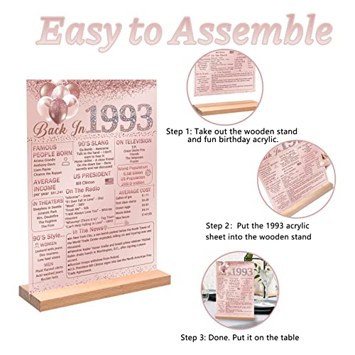 Vlipoeasn Pink 30th Birthday Anniversary Table Decoration 1993 Poster for Women, Rose Gold Back in 1993 Acrylic Table Sign with Wooden Stand, 30 Year Old Birthday Party Centerpieces Gift Supplies