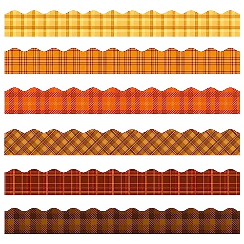 BeYumi 96Pcs Fall Yellow Orange Brown Plaid Bulletin Board Borders Autumn Thanksgiving Plaid Scalloped Border Trims Fall Harvest School Classroom Office Chalkboard Blackboard White Board Wall Decor