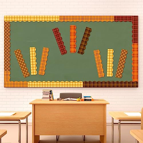 BeYumi 96Pcs Fall Yellow Orange Brown Plaid Bulletin Board Borders Autumn Thanksgiving Plaid Scalloped Border Trims Fall Harvest School Classroom Office Chalkboard Blackboard White Board Wall Decor