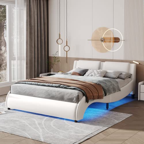 Ochangqi Queen Bed Frame with LED Lights, Modern LED Low Profile Platform Bed Frame with Headboard, Queen Size Wave-Like Curve Faux Leather Upholstered Bed Frame,No Box Spring Needed (White, Queen)