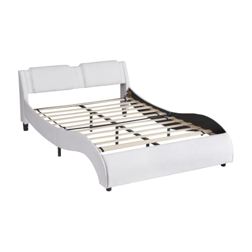 Ochangqi Queen Bed Frame with LED Lights, Modern LED Low Profile Platform Bed Frame with Headboard, Queen Size Wave-Like Curve Faux Leather Upholstered Bed Frame,No Box Spring Needed (White, Queen)