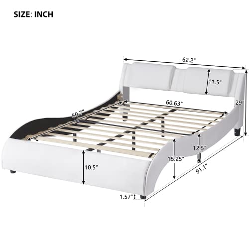 Ochangqi Queen Bed Frame with LED Lights, Modern LED Low Profile Platform Bed Frame with Headboard, Queen Size Wave-Like Curve Faux Leather Upholstered Bed Frame,No Box Spring Needed (White, Queen)