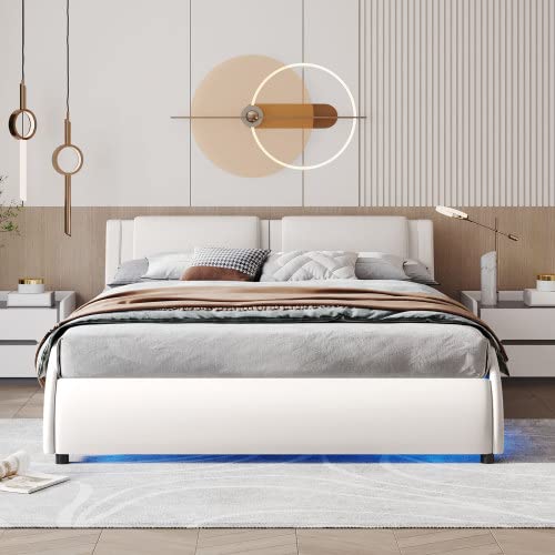 Ochangqi Queen Bed Frame with LED Lights, Modern LED Low Profile Platform Bed Frame with Headboard, Queen Size Wave-Like Curve Faux Leather Upholstered Bed Frame,No Box Spring Needed (White, Queen)