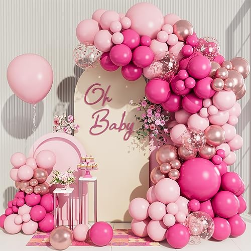 138pcs Pink Balloon Arch Garland Kit with Different Size Pastel Hot Pink White Metallic Rose Gold Confetti Balloons for Birthday Baby Shower Princess Theme Wedding Valentine's Party Decorations