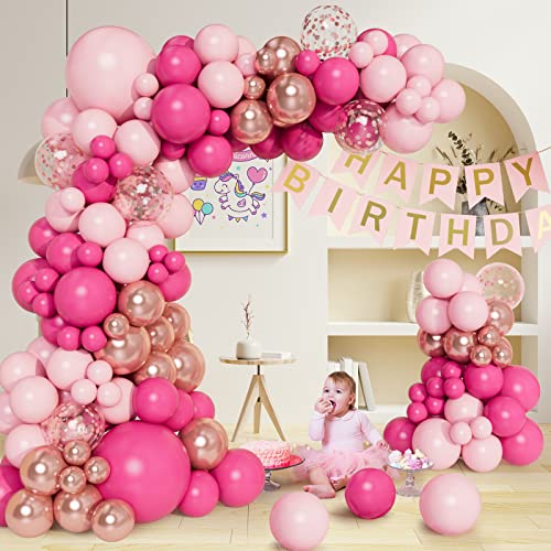 138pcs Pink Balloon Arch Garland Kit with Different Size Pastel Hot Pink White Metallic Rose Gold Confetti Balloons for Birthday Baby Shower Princess Theme Wedding Valentine's Party Decorations