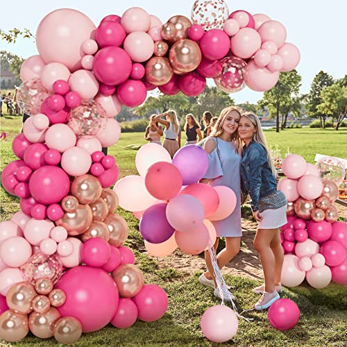 138pcs Pink Balloon Arch Garland Kit with Different Size Pastel Hot Pink White Metallic Rose Gold Confetti Balloons for Birthday Baby Shower Princess Theme Wedding Valentine's Party Decorations