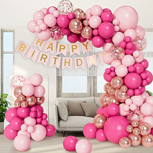 138pcs Pink Balloon Arch Garland Kit with Different Size Pastel Hot Pink White Metallic Rose Gold Confetti Balloons for Birthday Baby Shower Princess Theme Wedding Valentine's Party Decorations