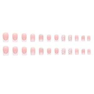 Medium Square Press on Nail French Tip Fake Nail, Full Cover Glossy Glue on Nails False Nails with Rhinestones Flowers Designs Medium White Nail Tips Pink Acrylic Nails for Women 24 Pcs