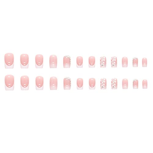 Medium Square Press on Nail French Tip Fake Nail, Full Cover Glossy Glue on Nails False Nails with Rhinestones Flowers Designs Medium White Nail Tips Pink Acrylic Nails for Women 24 Pcs