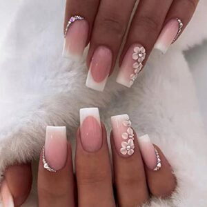 medium square press on nail french tip fake nail, full cover glossy glue on nails false nails with rhinestones flowers designs medium white nail tips pink acrylic nails for women 24 pcs