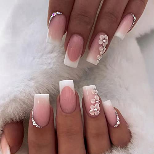 Medium Square Press on Nail French Tip Fake Nail, Full Cover Glossy Glue on Nails False Nails with Rhinestones Flowers Designs Medium White Nail Tips Pink Acrylic Nails for Women 24 Pcs