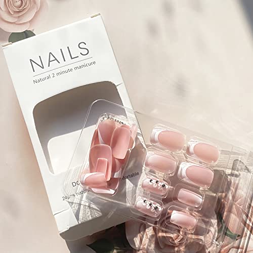 Medium Square Press on Nail French Tip Fake Nail, Full Cover Glossy Glue on Nails False Nails with Rhinestones Flowers Designs Medium White Nail Tips Pink Acrylic Nails for Women 24 Pcs