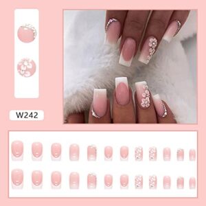 Medium Square Press on Nail French Tip Fake Nail, Full Cover Glossy Glue on Nails False Nails with Rhinestones Flowers Designs Medium White Nail Tips Pink Acrylic Nails for Women 24 Pcs