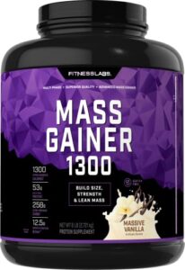 fitness labs mass gainer protein powder | 6 lb | vanilla flavor | 1300 calories | with bcaas | high protein | weight gainer | non-gmo, gluten free supplement