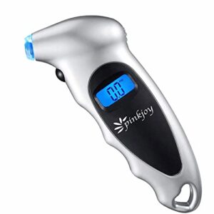 pinkjoy digital tire pressure gauge 150 psi, 4 settings, tire gauge for car, truck, motorcycle, bicycle with backlit lcd and non-slip grip (silver)