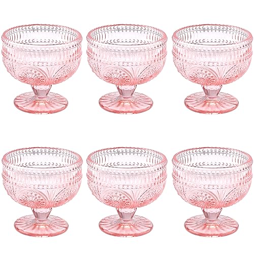 Vintage Glass Dessert Bowls Set of 6-11.5 oz Pink Embossed Glass Ice Cream Bowls for Salad, Candy Cake, Fruit,Trifle,Cocktail