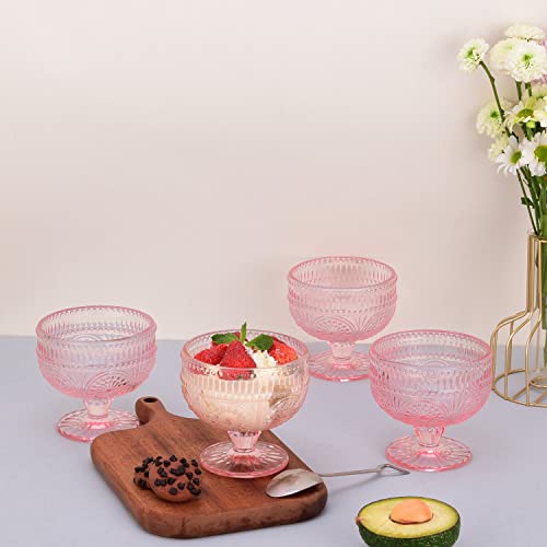 Vintage Glass Dessert Bowls Set of 6-11.5 oz Pink Embossed Glass Ice Cream Bowls for Salad, Candy Cake, Fruit,Trifle,Cocktail