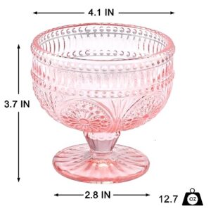 Vintage Glass Dessert Bowls Set of 6-11.5 oz Pink Embossed Glass Ice Cream Bowls for Salad, Candy Cake, Fruit,Trifle,Cocktail