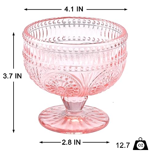 Vintage Glass Dessert Bowls Set of 6-11.5 oz Pink Embossed Glass Ice Cream Bowls for Salad, Candy Cake, Fruit,Trifle,Cocktail