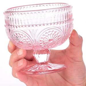 Vintage Glass Dessert Bowls Set of 6-11.5 oz Pink Embossed Glass Ice Cream Bowls for Salad, Candy Cake, Fruit,Trifle,Cocktail