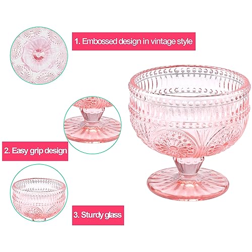 Vintage Glass Dessert Bowls Set of 6-11.5 oz Pink Embossed Glass Ice Cream Bowls for Salad, Candy Cake, Fruit,Trifle,Cocktail