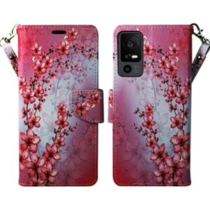 zase tcl 40 xe 5g (verizon) protective wallet phone case cute woman premium pu leather flip folio purse w/kickstand id card holder money slot wrist strap magnetic lock (pink cherry blossom)