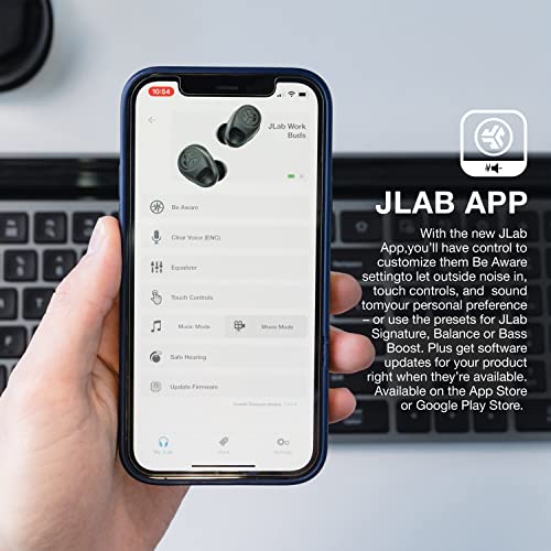 JLab Work Buds in-Ear True Wireless Headset with Detachable Noise-Canceling Boom Mic, Black, Long 55+ Total Hours Playtime, Bluetooth Multipoint, USB-C Charging Dock