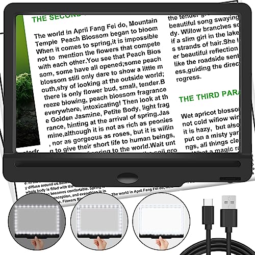 5X Magnifying Glass with Light, Dimmable LED 9.5” x 6.9” Full Page Magnifier, Rechargeable Magnifying Glass for Reading - Ideal Magnifier for Reading and Close Work - Black