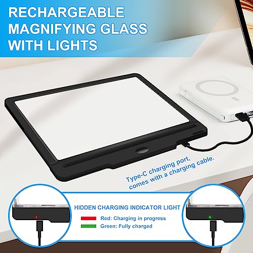 5X Magnifying Glass with Light, Dimmable LED 9.5” x 6.9” Full Page Magnifier, Rechargeable Magnifying Glass for Reading - Ideal Magnifier for Reading and Close Work - Black