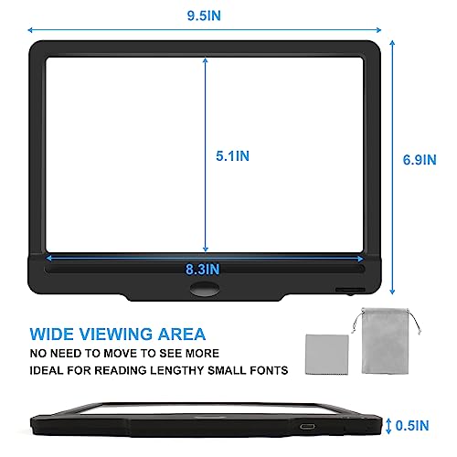 5X Magnifying Glass with Light, Dimmable LED 9.5” x 6.9” Full Page Magnifier, Rechargeable Magnifying Glass for Reading - Ideal Magnifier for Reading and Close Work - Black