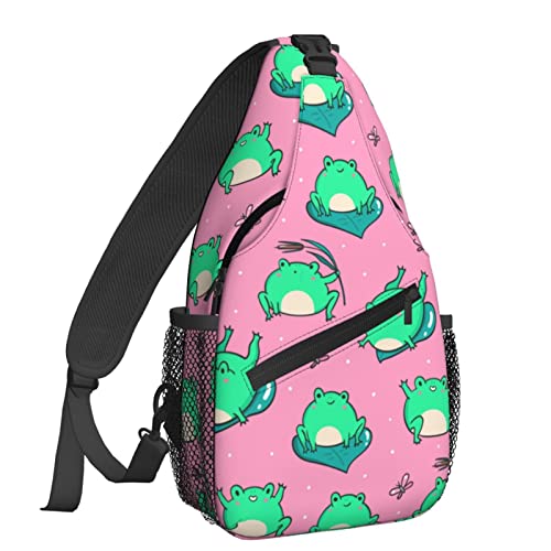 NiuKom Cute Green Frogs Pink Crossbody Bags for Women Trendy Sling Backpack Men Chest Shoulder Bag Gym Cycling Travel Hiking Daypack