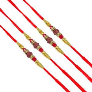 khandekar rakhi for brother | rakhi set of 4 for brother |rudraksh with golden rings and pink beads rakhi