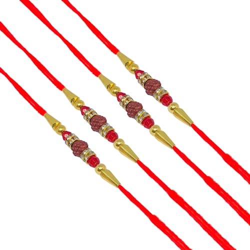 KHANDEKAR Rakhi for Brother | Rakhi Set of 4 for Brother |Rudraksh with Golden Rings and Pink Beads Rakhi