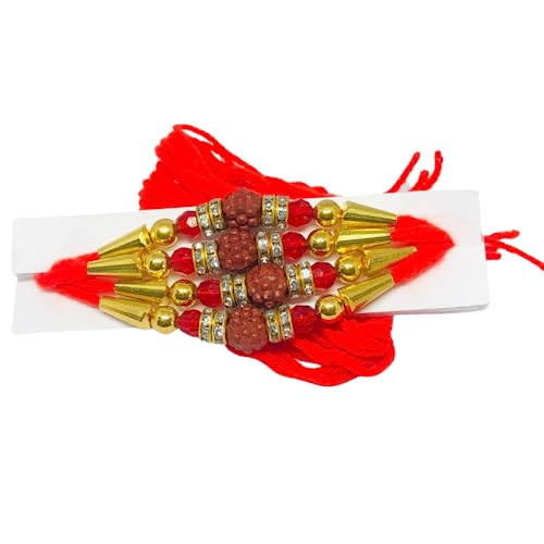 KHANDEKAR Rakhi for Brother | Rakhi Set of 4 for Brother |Rudraksh with Golden Rings and Pink Beads Rakhi