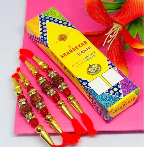 KHANDEKAR Rakhi for Brother | Rakhi Set of 4 for Brother |Rudraksh with Golden Rings and Pink Beads Rakhi