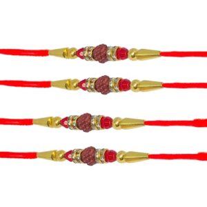 KHANDEKAR Rakhi for Brother | Rakhi Set of 4 for Brother |Rudraksh with Golden Rings and Pink Beads Rakhi