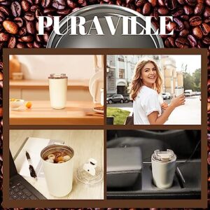 Puraville Insulated Tumblers with Lid, 10 oz Travel Coffee Mug Stainless Steel Vacuum Thermos Cup, Leak Proof Reusable Double Walled Coffee Tumbler for Iced and Hot Drinks,Cream