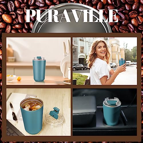 Puraville Insulated Tumblers with Lid, 10 oz Travel Coffee Mug Stainless Steel Vacuum Thermos Cup, Leak Proof Reusable Double Walled Coffee Tumbler for Iced and Hot Drinks,Peacock Blue