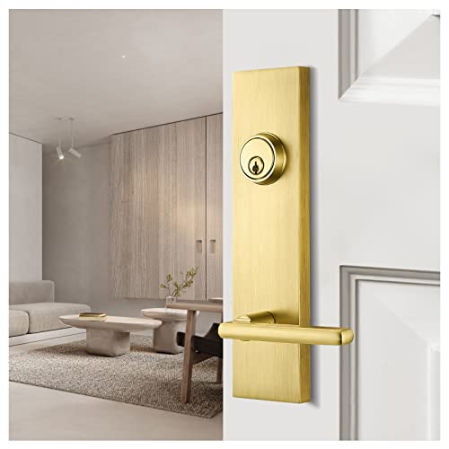 SNBTLA Satin-Brass Front Door Handle - Modern Entry Door Lock Set with Deadbolt,Exterior Door Lever 3 Keys for Left & Right Hand Door (Satin Brass)